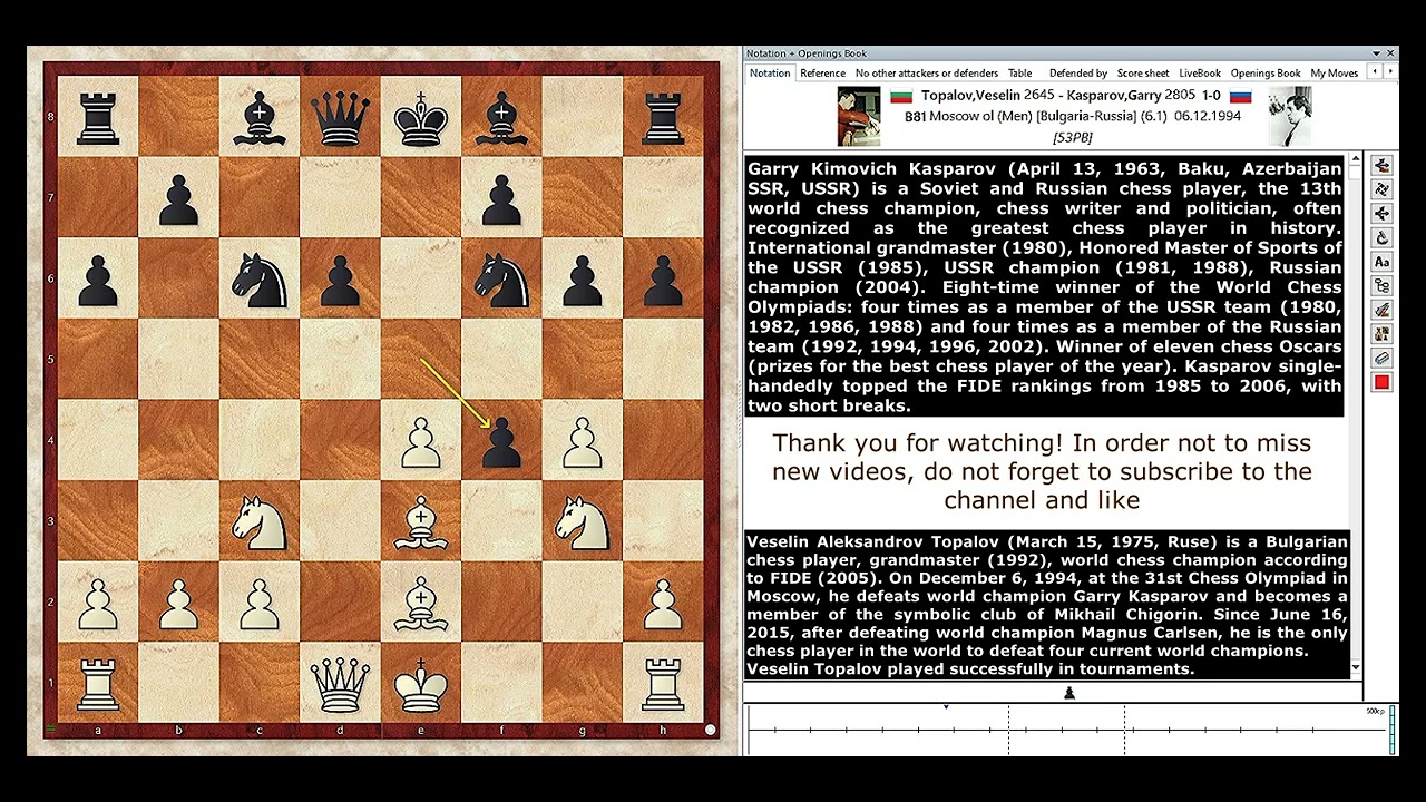 Topalov,Veselin - Kasparov,Garry 1-0 B81(Sicilian defense. Keres Attack ...