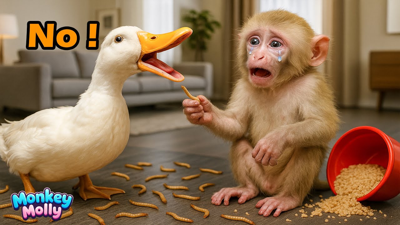 Monkey Molly cries when her poor duck refuses to eat - YouTube