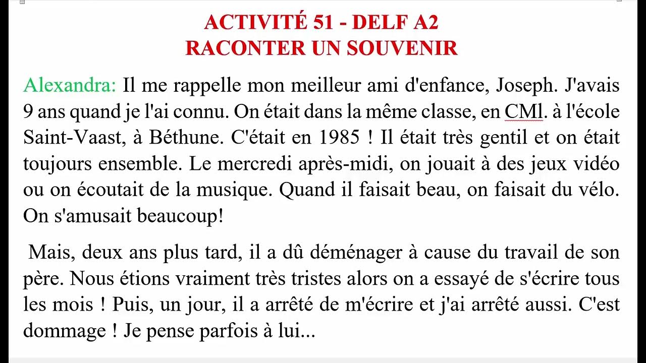 ACTIVITÉ 51 - DELF A2 - RACONTER UN SOUVENIR - YouTube
