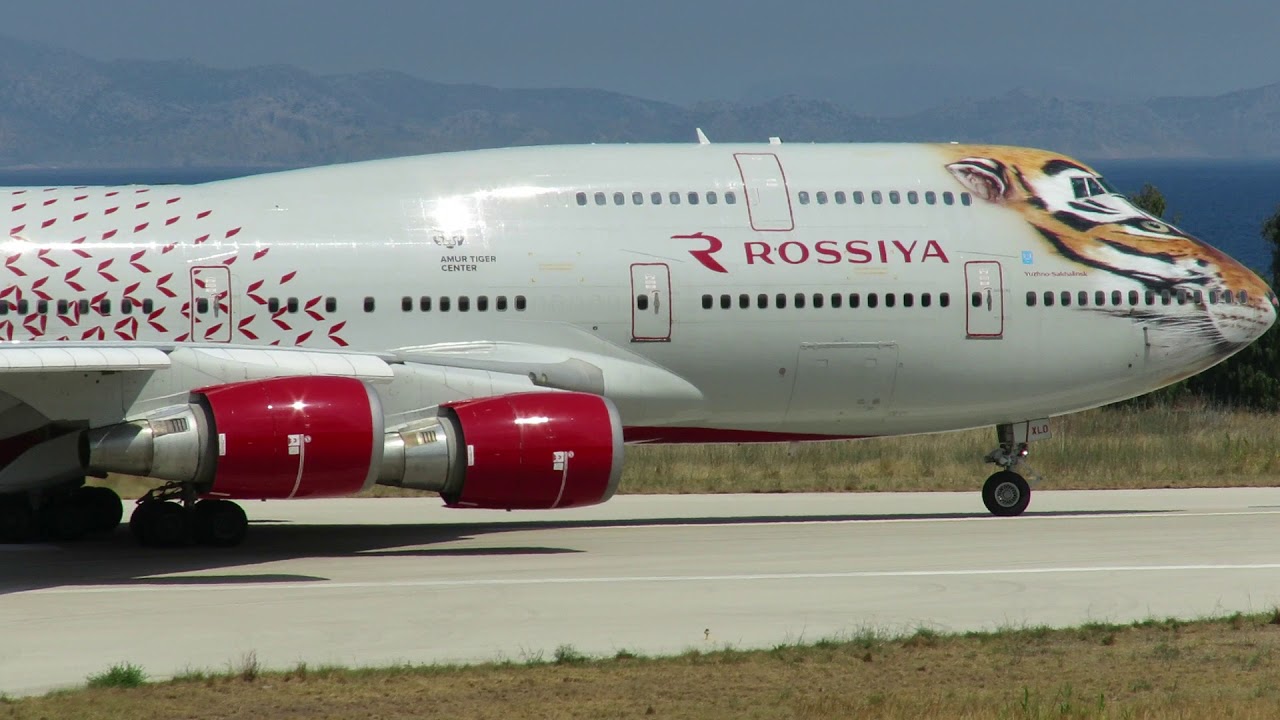 Airport View Rhodes Rossiya 747 Tiger Livery - YouTube