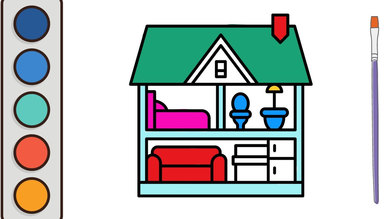 Doll house drawing, painting & coloring for kids & toddlers | How to ...
