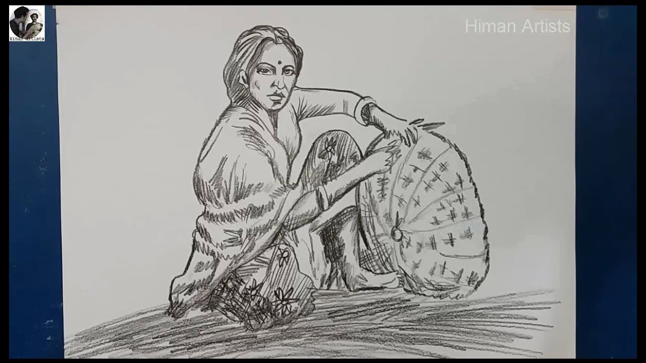 Sketch House Wife step by step || Draw Village Housewife - YouTube