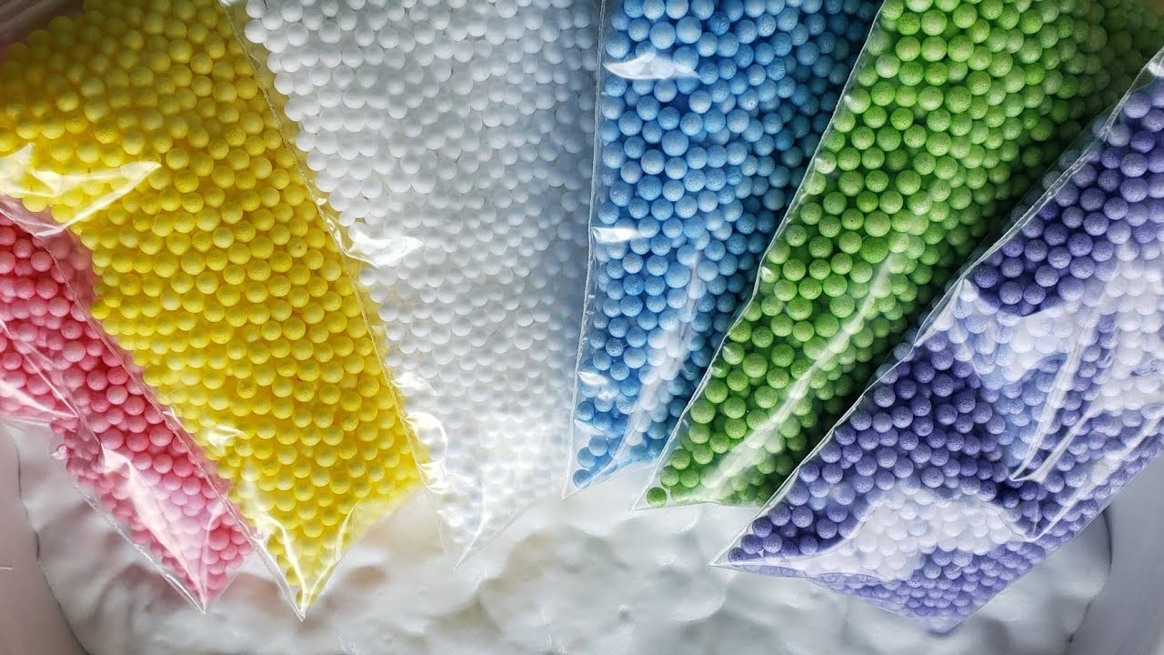 SLIME MIXING FOAM BEADS INTO FLUFFY WHITE SLIME RAINBOW FLOAM HOMEMADE ...