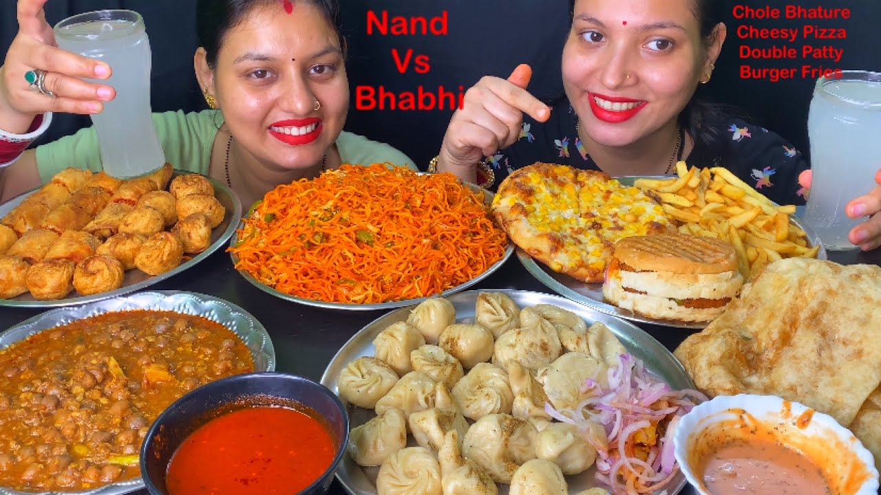 Eating Spicy 🔥 Chole Bhature, Chowmin, Paneer Momo, Pizza , Burger ...