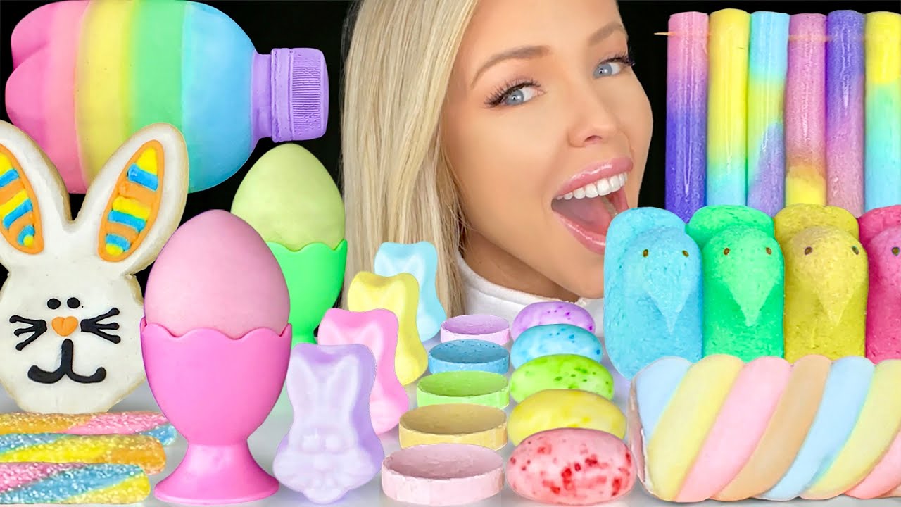 ASMR PASTEL FOOD, CHUBBY BOTTLE JELLY, BUNNY COOKIE, MARSHMALLOW PEEPS ...