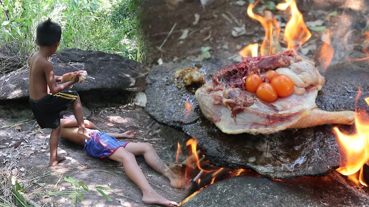 Survival Skills - Primitive Cooking Mother Chicken with baby on Hot ...