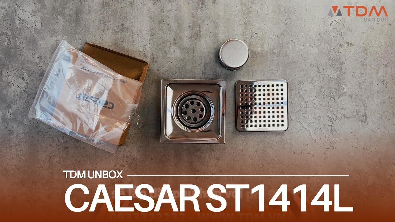 TDM.VN | Đập hộp phểu thoát sàn nước Caesar ST1414L (Ø90) inox 304 140x140mm chống hôi chính ...