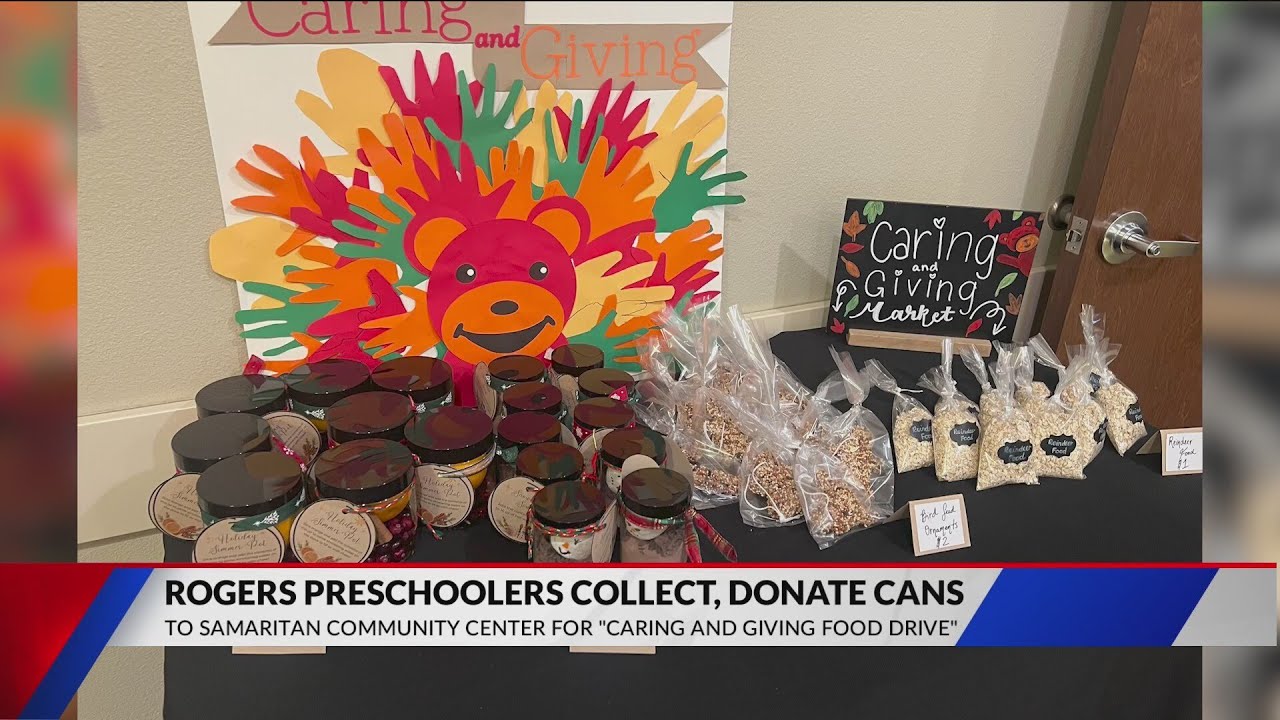 Rogers preschoolers donate cans to local center - YouTube