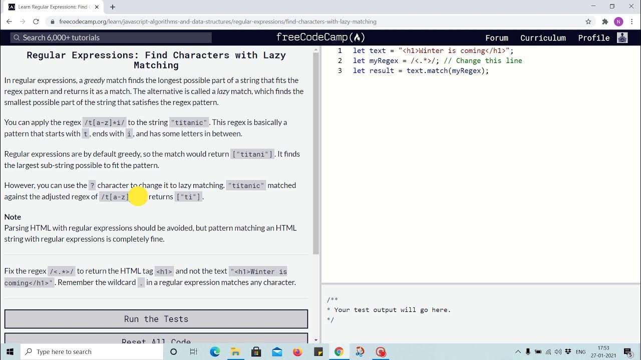Tutorial 14 - find characters with lazy matching - freecodecamp - YouTube