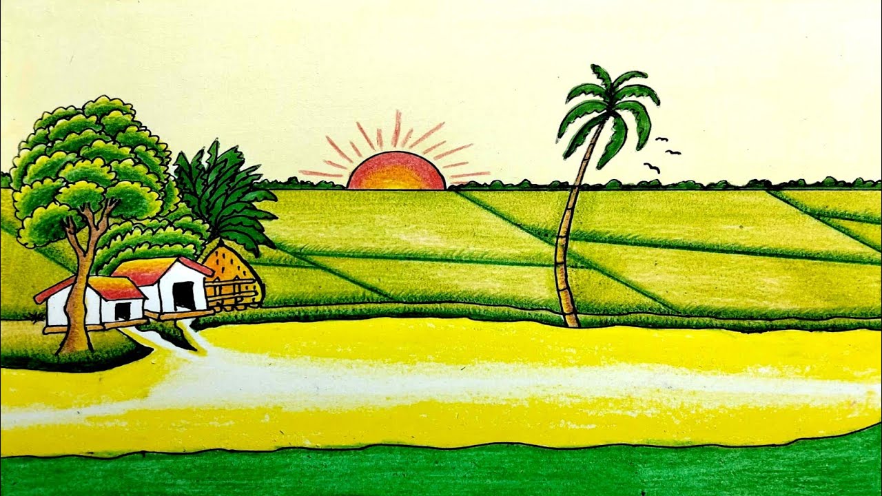 How to Draw Farmland Scenery Drawing Oil Pastels | Beautiful Village ...
