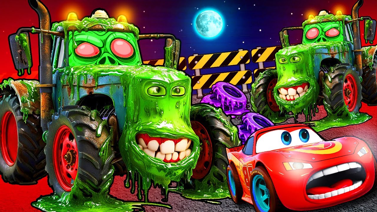 😱Horror Story | HUGE GREEN SLIME TRACTOR ZOMBIE 🆚 McQueen😱| Flatbed ...