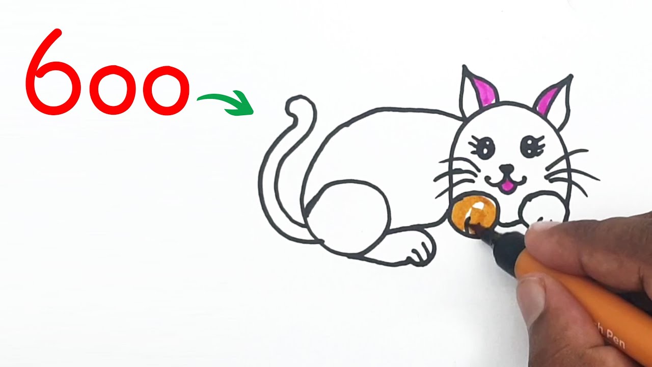 How to draw Cat from the Number '600' Step by Step | Cat drawing ...