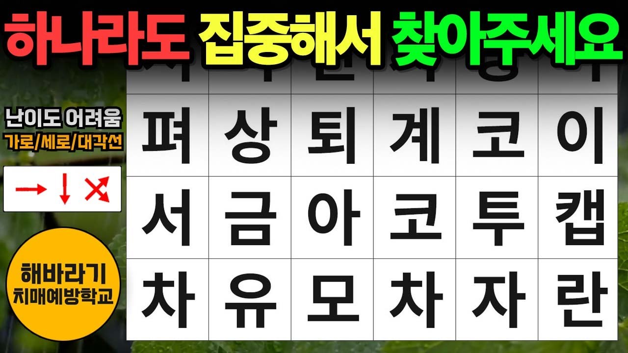 한 문제 당 최소 한 단어는 꼭 찾아주셔야 합니다│숨은단어찾기치매예방치매테스트치매예방퀴즈단어퀴즈치매예방활동낱말퀴즈