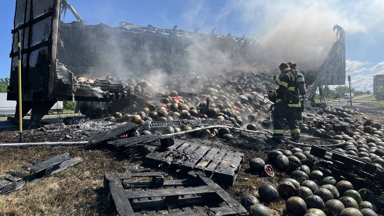 Burnt watermelons spill everywhere after truck fire on NYS Thruway in ...