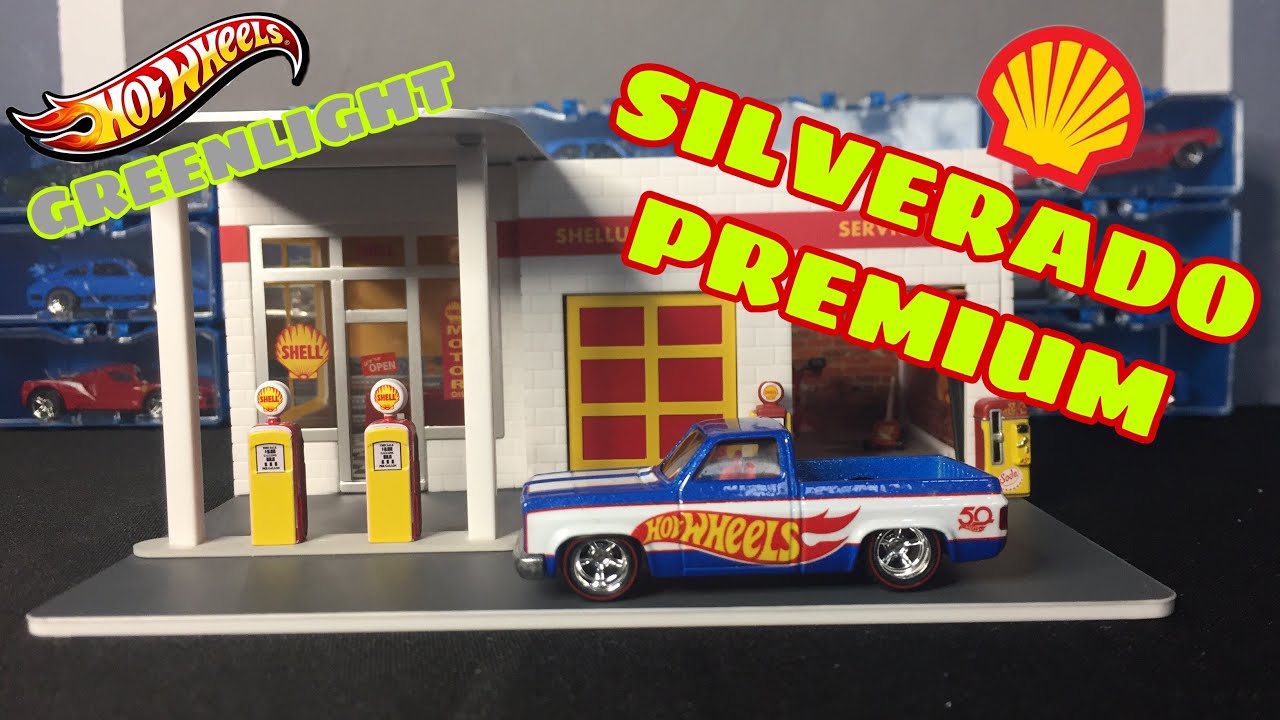 Greenlight vintage gas station shell + silverado hot wheels premium ...