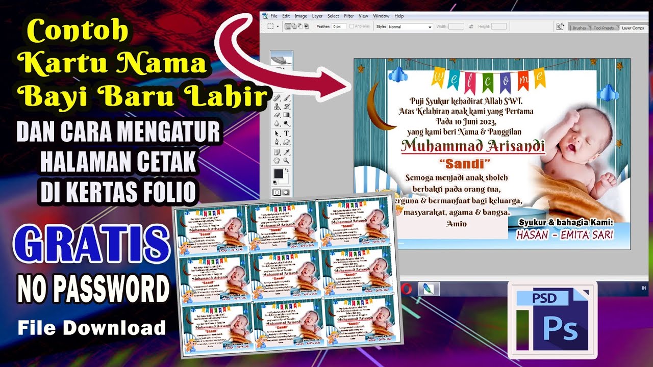 CARA MEMBUAT KARTU NAMA BAYI BARU LAHIR DI PHOTOSHOP - YouTube