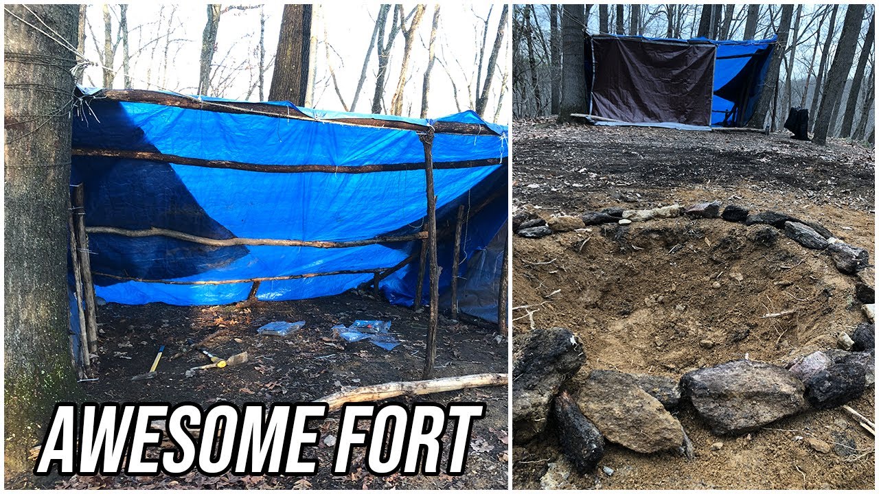BUILDING A TARP FORT IN THE WOODS! (fire-pit, log section, and more ...