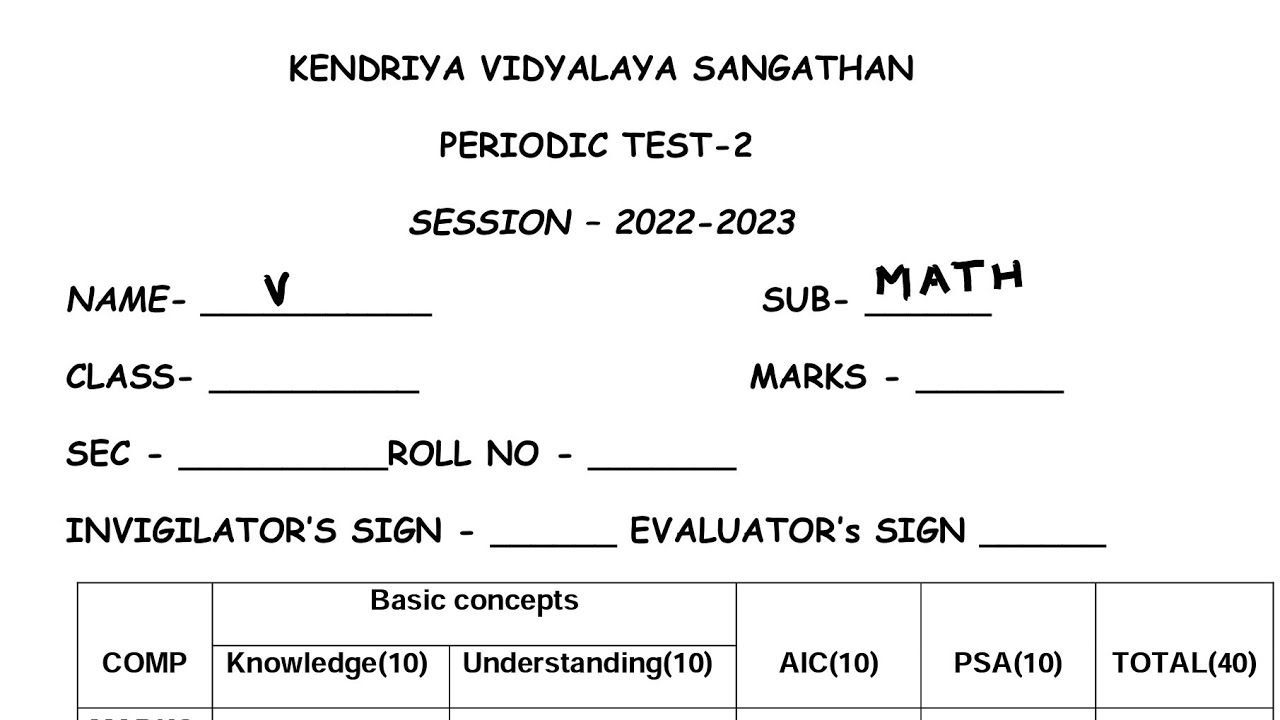 Class-5 Maths / PT-2 Sample Question Paper of PERIODIC TEST-2 For ...