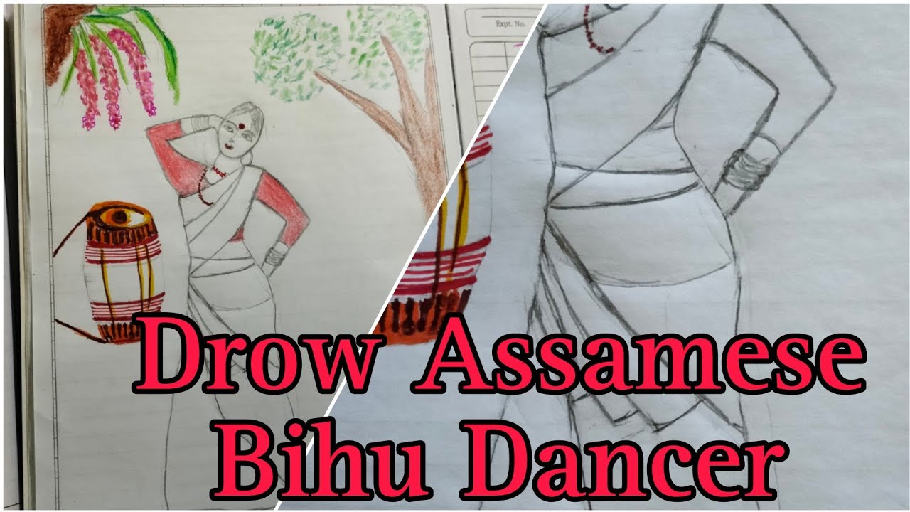 How To Draw Assamese Bihu Dancer Bihu Dhol And Kapouful Youtube