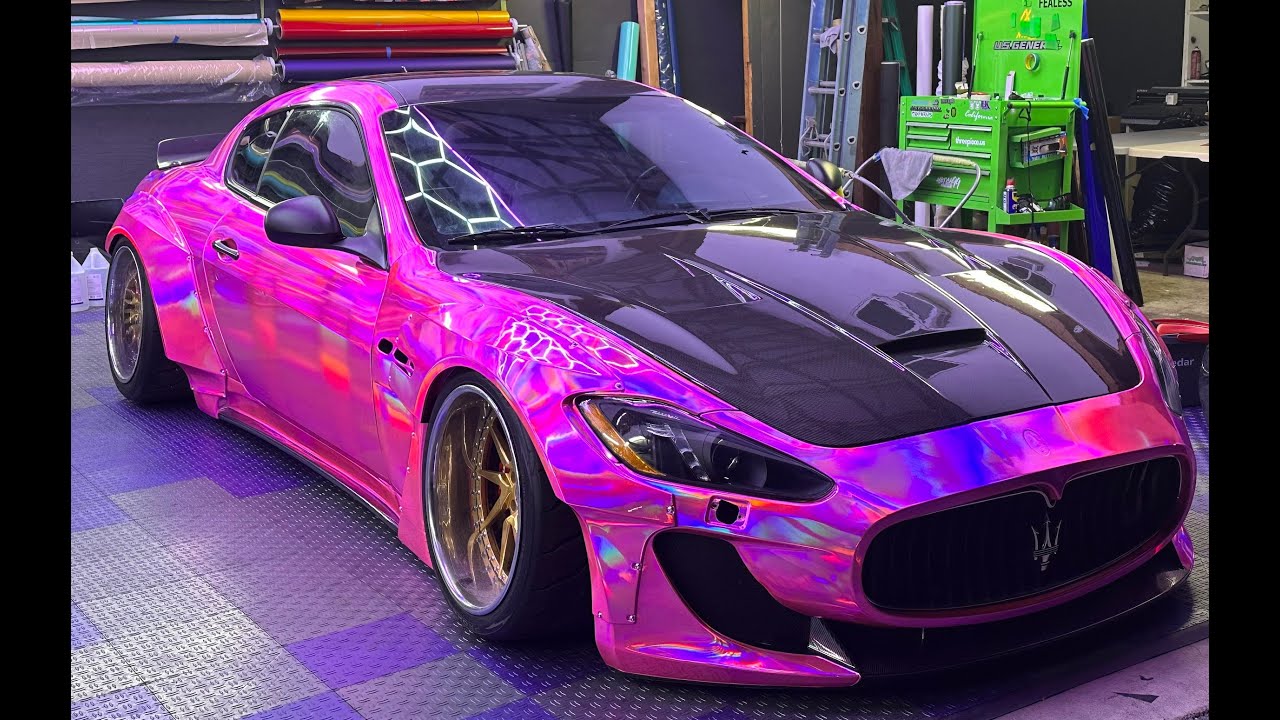 CRAZY MASERATI WIDEBODY PINK VENOM LASER CHROME WRAP REVEAL - YouTube