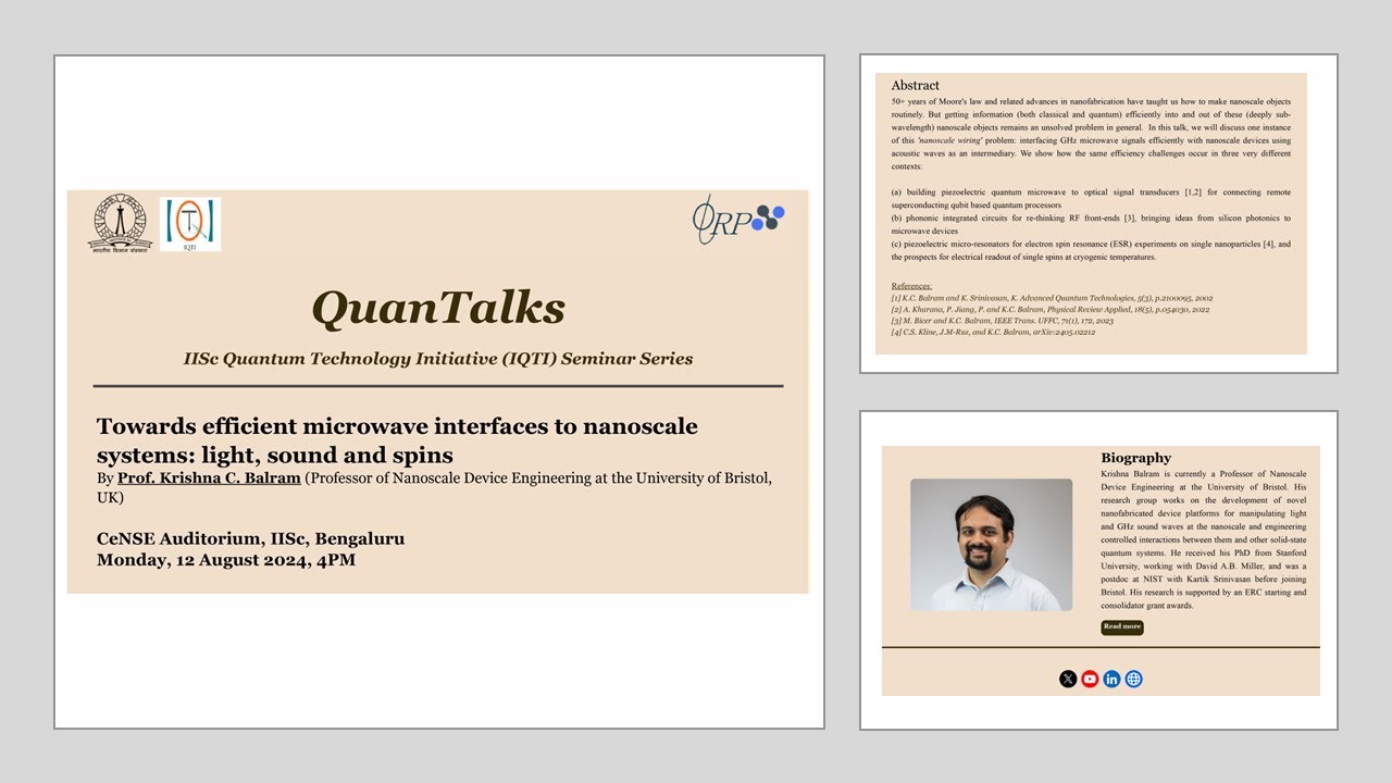 Prof. Krishna Balram Talk at IQTI on Nanoscale systems. - YouTube