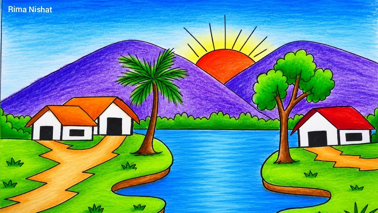 How to Draw Beautiful Village Scenery with River and Sunset | Easy ...