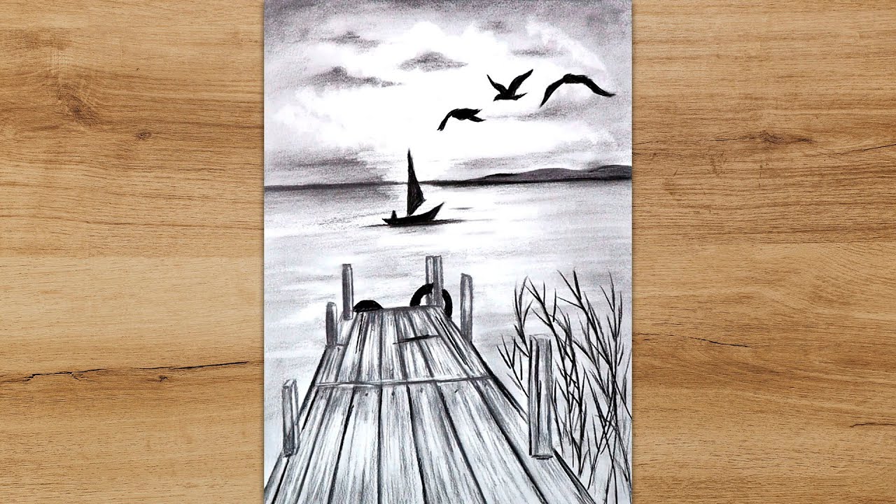 How to Draw a Sea Beach Scenery Step by Step | Pencil Drawing Tutorial ...