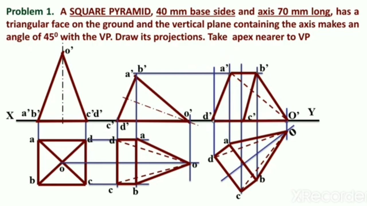 PROJECTION OF SQUARE PYRAMID RESTING ON TRIANGULAR FACE | PROJECTION OF ...
