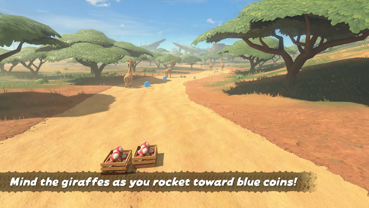 Mind the giraffes as you rocket toward blue coins! | Mario Kart World ...