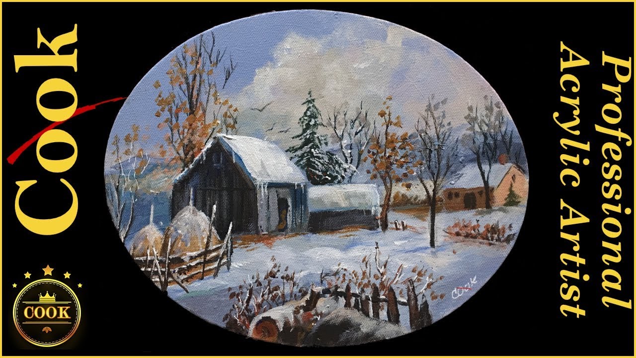 Christmas Card Snow Covered Farm Painting Step by Step Tutorial with ...