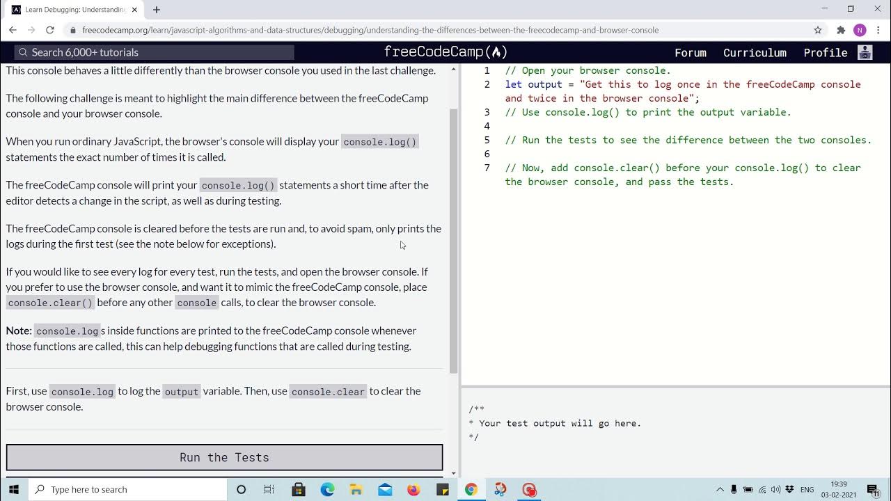 Tutorial 2 - difference between freecodecamp and browser console - freecodecamp - YouTube