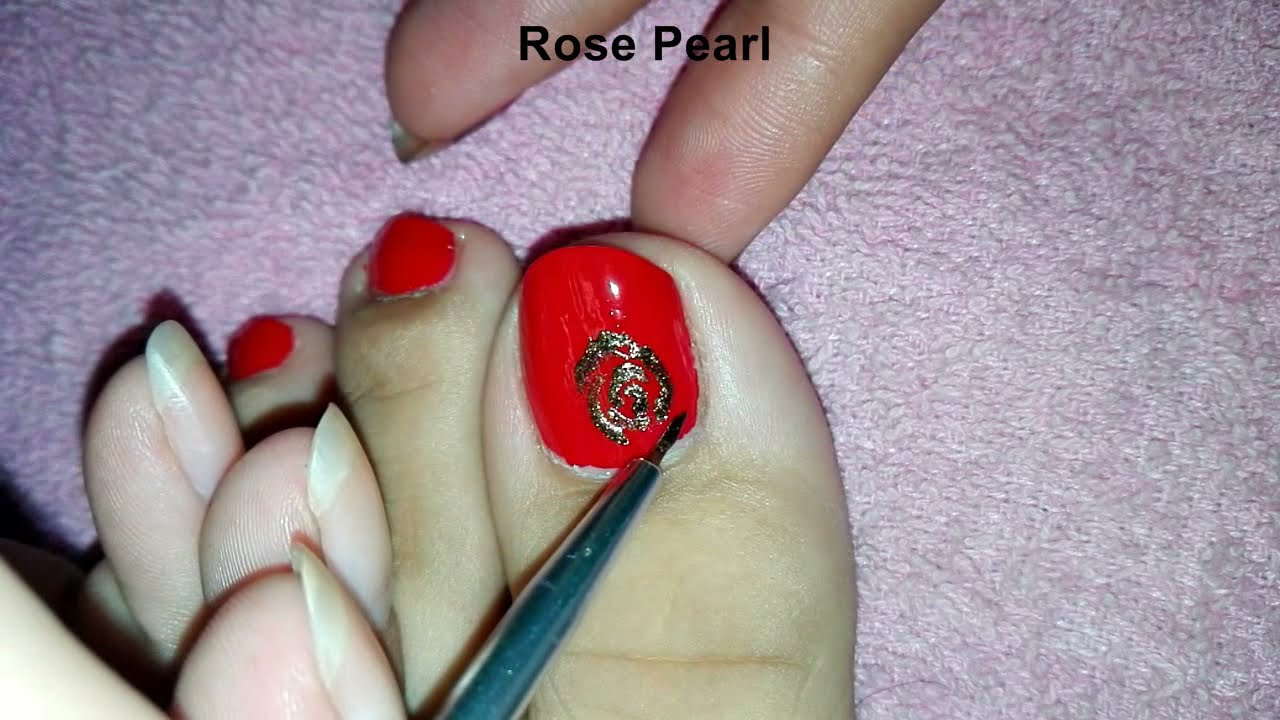 Toenail Art Tutorial: DIY Pedicure- Gold Rose on Red | Rose Pearl - YouTube