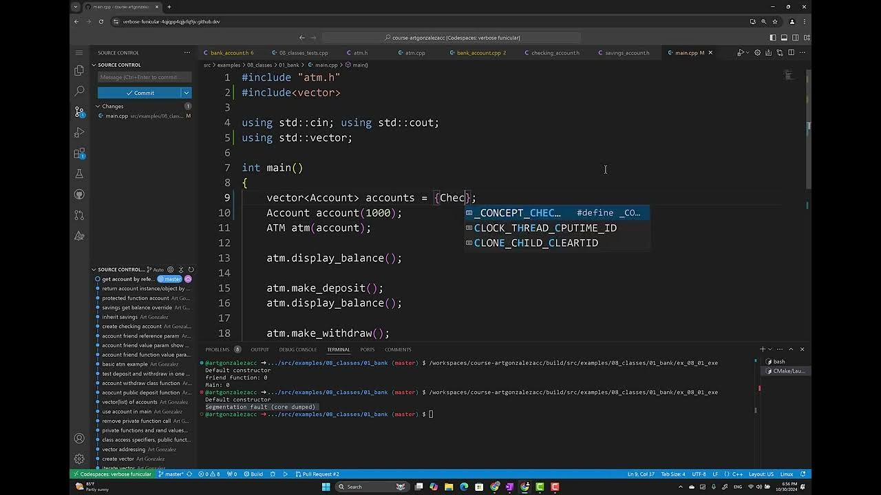 103024 COSC 1337 C++ object-oriented: atm app using vector for checking and savings - YouTube