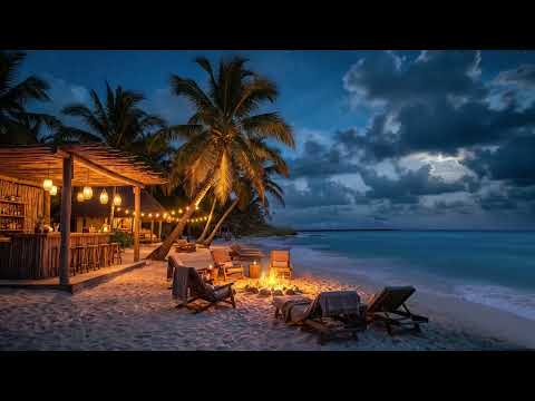 Tropical Night Oasis | Cozy Beach Fire & Ocean Wave Sounds for Peace & Relaxation