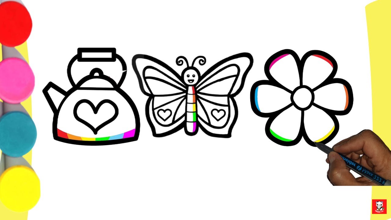 How to draw flower easy | Draw kettle & butterfly with rainbow color ...