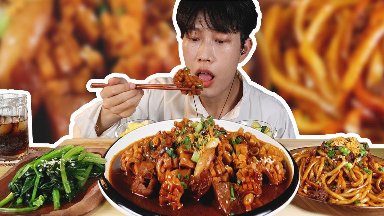 Mukbang/SUB/eating with Lars/Fried Seasonal Vegetables with Jajang ...
