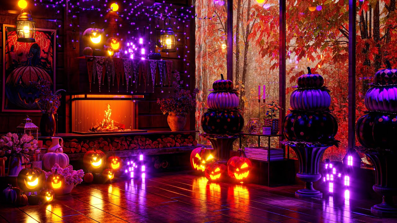 Halloween Rain Ambience: Autumn Soft Rain Falling on Window, Relaxing ...