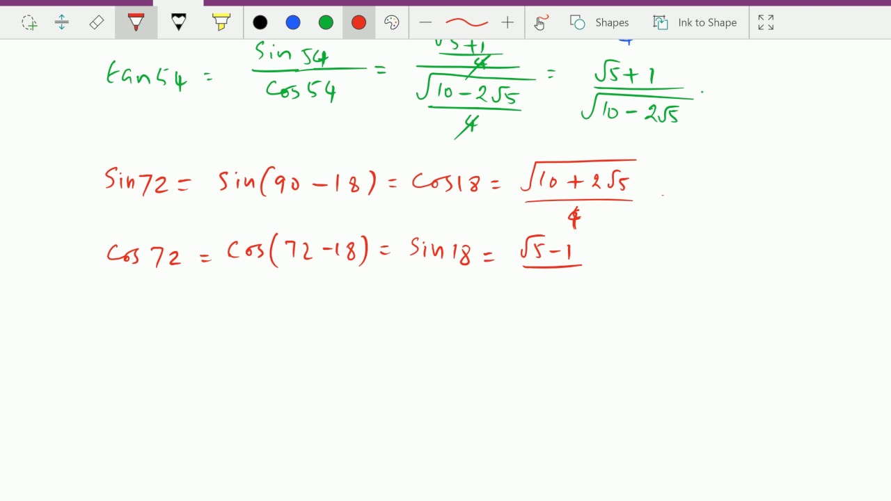 Trigonometry : - T-ratio values of Sin54 , Cos54 , Tan54 , Sin72 ...