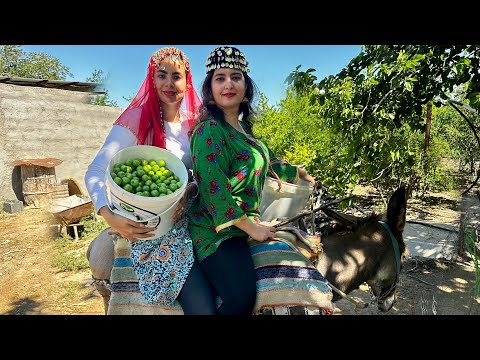 “Two-person donkey riding and cooking traditional food in the village”