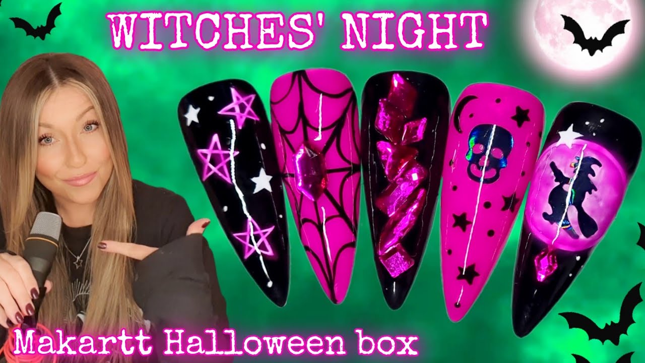 🧙‍♀️ Witch Halloween nails | Easy nail art design | Black pink moon ...