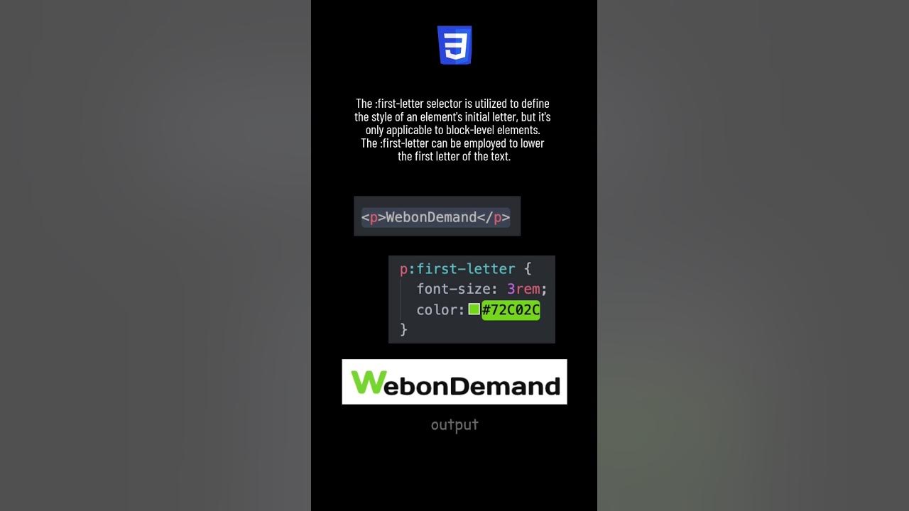 The First Letter Selector In Css Css Htmlcss Htmlcssjavascript Coding Frontend