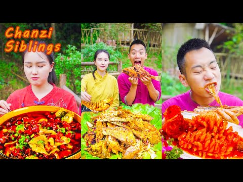 Outdoor Cooking Catching Fish | Mukbang Eating Challenge | Sister Chanzi Make Grilled Braised Fish