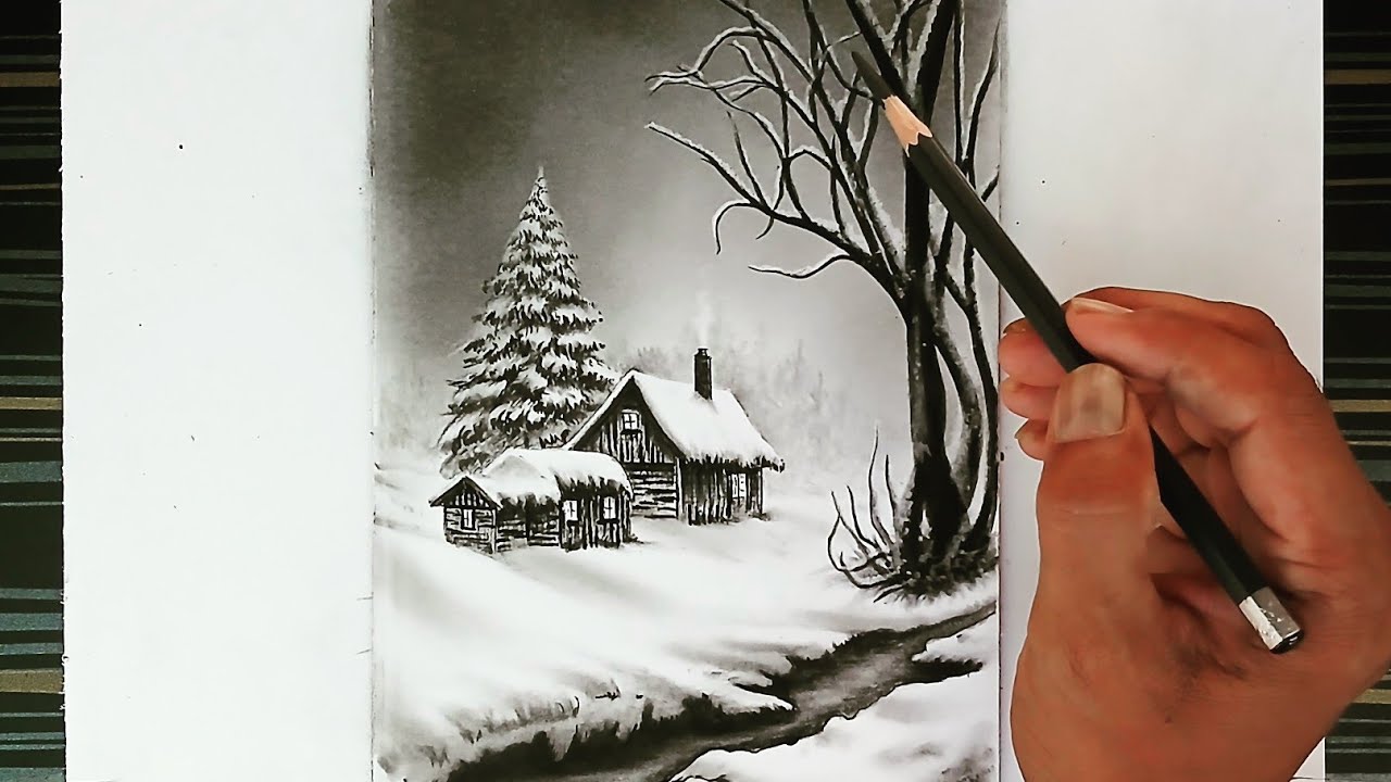 How to draw winter house landscape by pencil with easy ways. - YouTube
