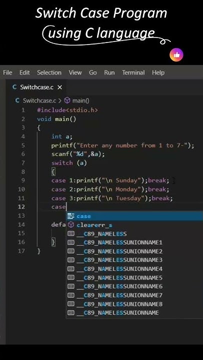 Cprogram To Print Week Days Switchcase Programming In Vs Code Shorts