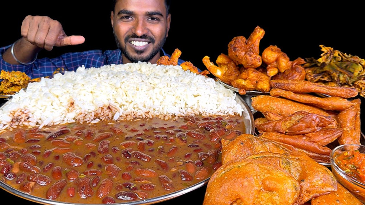 Eating Rajma Chawal with Pakoda | Gobi Pakoda, Aloo Pakoda, Onion ...