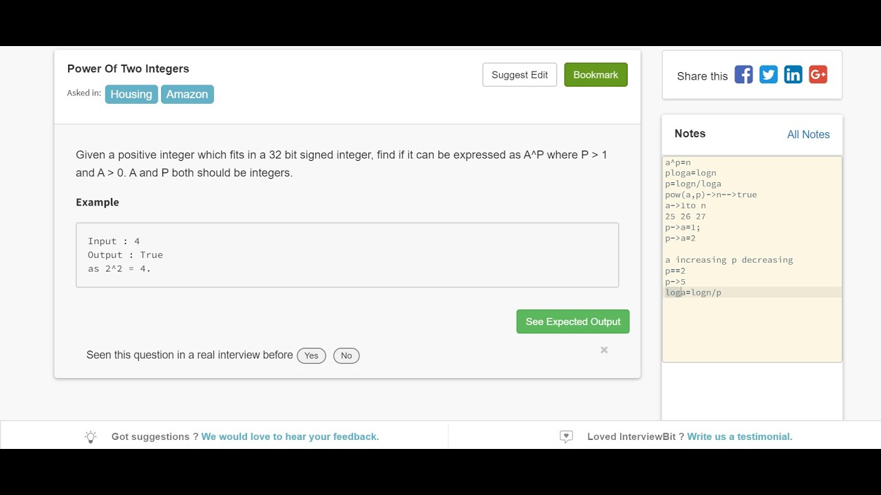 33 Power Of Two Integersmath Interviewbit Mathprogramming Youtube