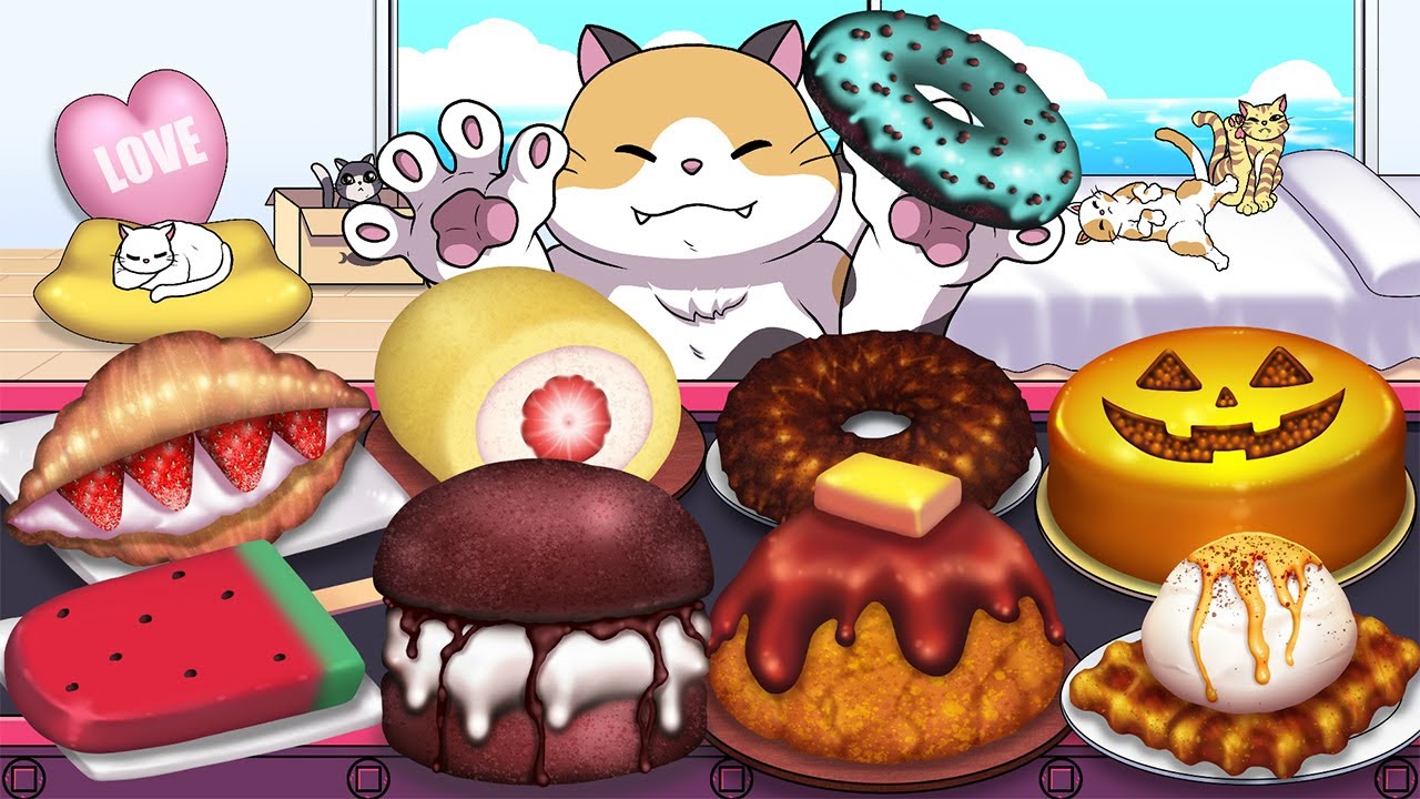 Mukbang Animation Sweet dessert set eating Food fighter cat - YouTube