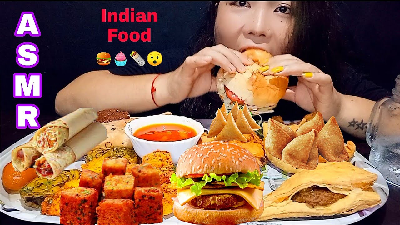 ASMR INDIAN FOOD, BURGAR, FRANKIE, SAMOSA, SPISY KHAMAN, GULAB JAMUN ...
