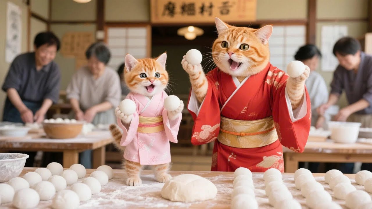 Ginger Kitten Makes Mochi in Japan 🍡, A Sweet Adventure with Mama Cat 🐱 ...