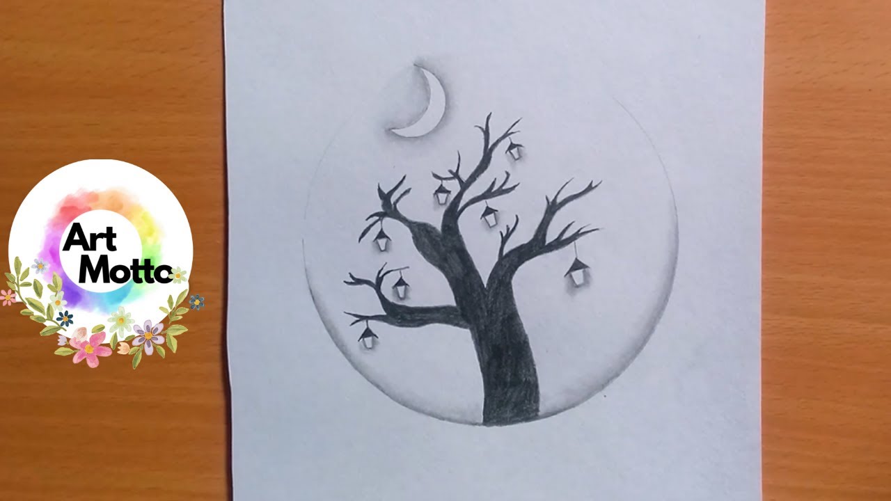 nature drawing in circle | easy scenery drawing | pencil drawing ...